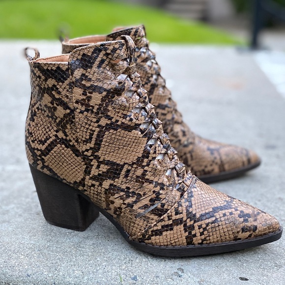 Shoes | Brown Snake Woven Detailed Pointed Ankle Bootie | Poshmark